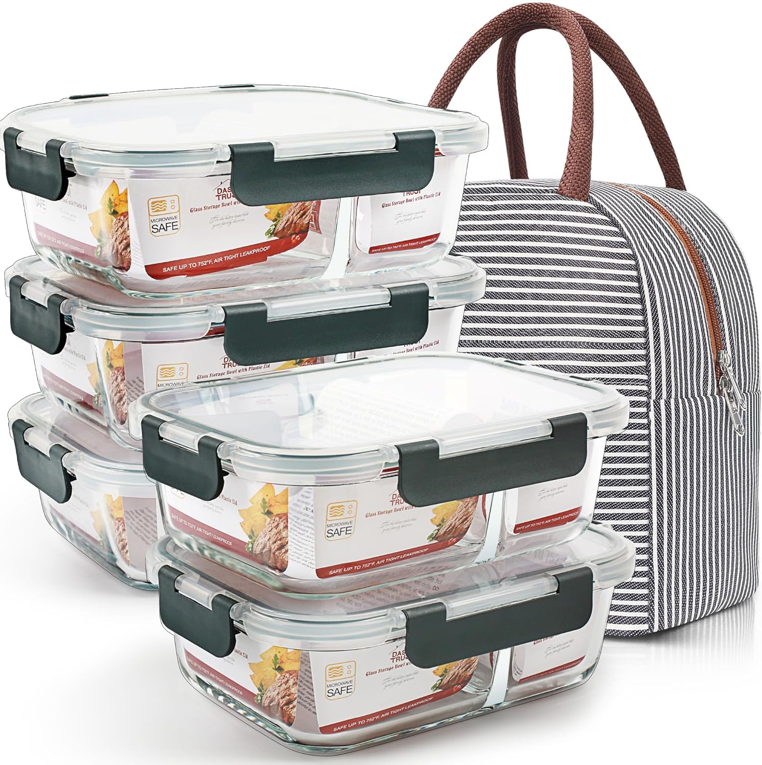 DAS TRUST 5 Pack 36oz Food Storage Containers 2 Compartments Glass Mea ...